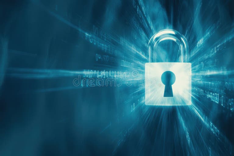 Glowing Blue Lock Over Binary Code Background Representing Data ...