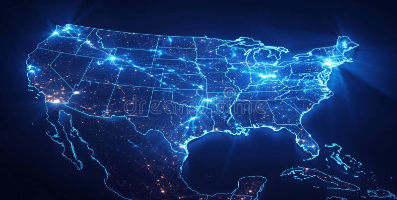 Glowing Blue Map of the United States with Connectivity Lines Stock ...