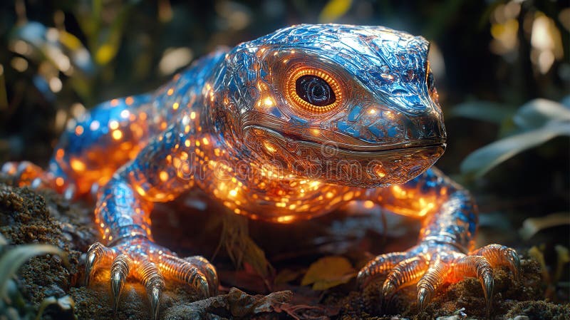 Glowing Blue Metallic Lizard in Forest Stock Illustration ...
