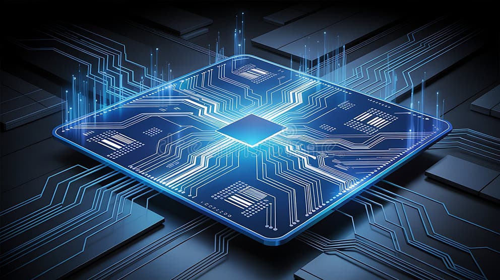 Glowing Blue Microprocessor Embedded in Complex Circuit Network with ...
