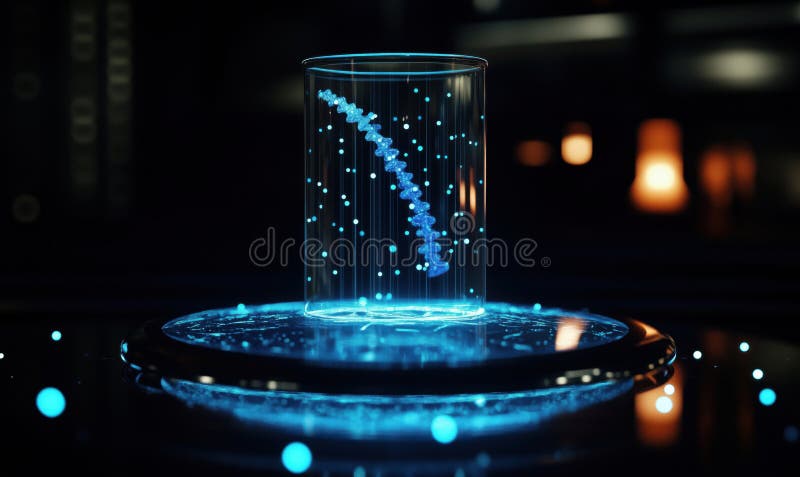 Glowing Blue Molecular Structure in Transparent Cylinder with Floating ...