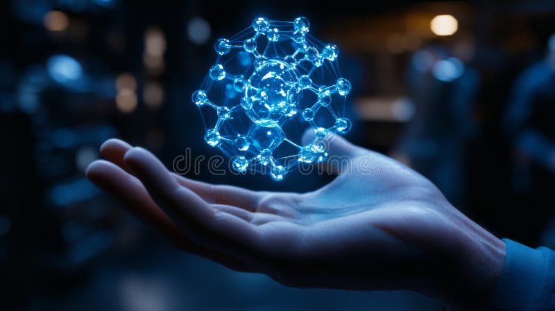 A Glowing Blue Molecule Rests Gently in a Hand Stock Photo - Image of ...