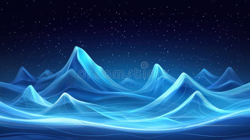 Glowing Blue Mountains at Night Under Starry Sky Stock Illustration ...