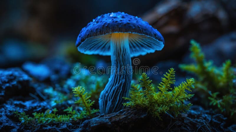 Luminous Blue Mushroom in Mossy Forest at Night Stock Illustration ...