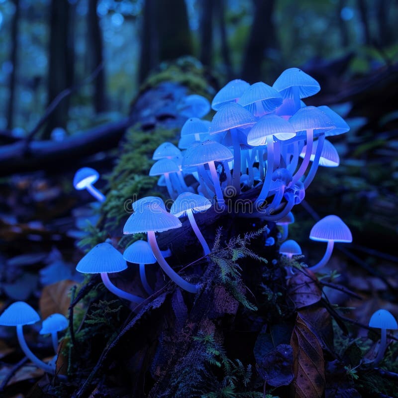 Glowing Blue Mushrooms in a Dark Forest Stock Illustration ...