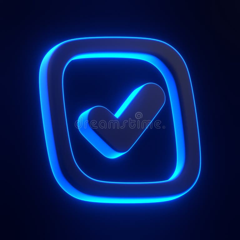 Glowing Blue Neon Check Mark Icon on Dark Background Stock Illustration ...