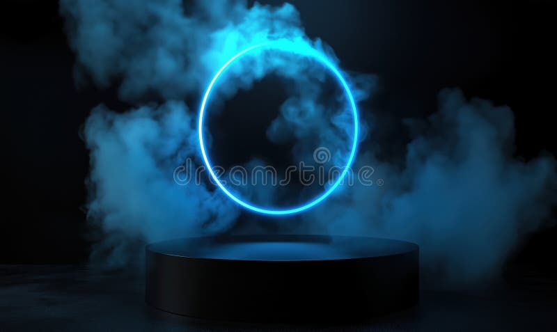 Glowing Blue Neon Circle Smoke Dark Background Circular Pedestal Stock ...