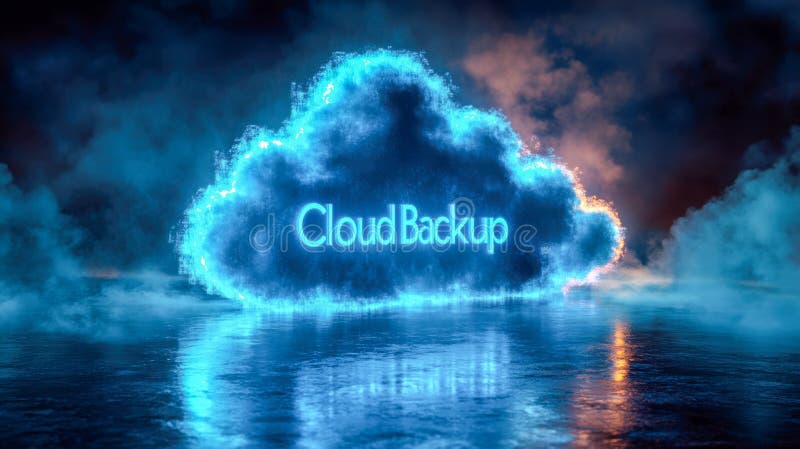 Glowing Blue Neon Cloud Backup Icon in Misty Digital Atmosphere Stock ...