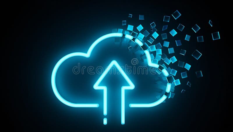 Digital Cloud Computing Uploading Data Concept with Glowing Neon Effect Stock Illustration ...