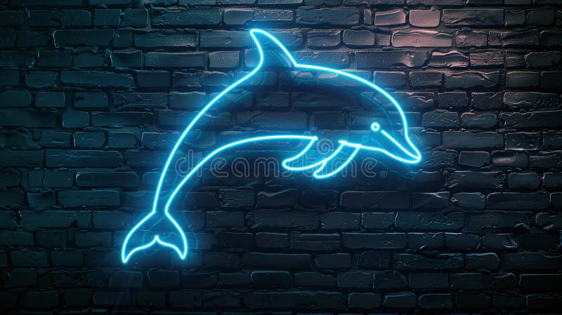 Glowing Blue Neon Dolphin Sign on a Dark Brick Wall Background Stock ...