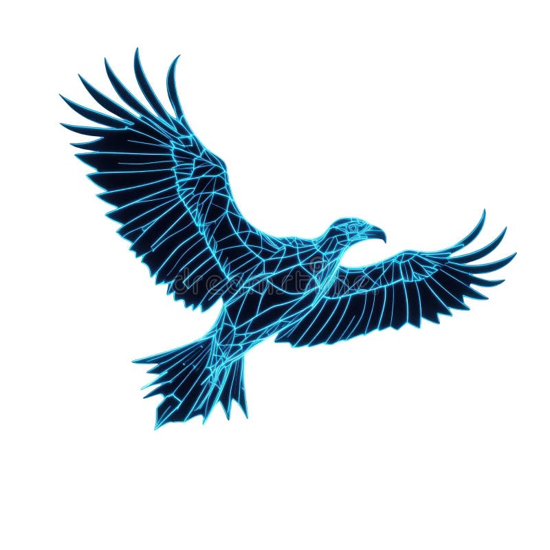 Glowing Blue Neon Eagle with Outstretched Wings Flying Against Transparency Background, Showing ...