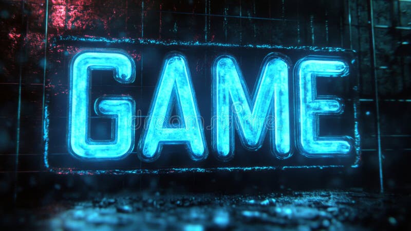 Glowing Blue Neon Game Text on Dark Grid Background Stock Illustration ...