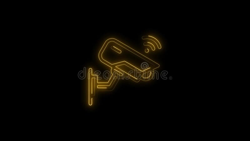 Neon Surveillance Camera Icon with Wi-Fi Symbol on Black Background ...