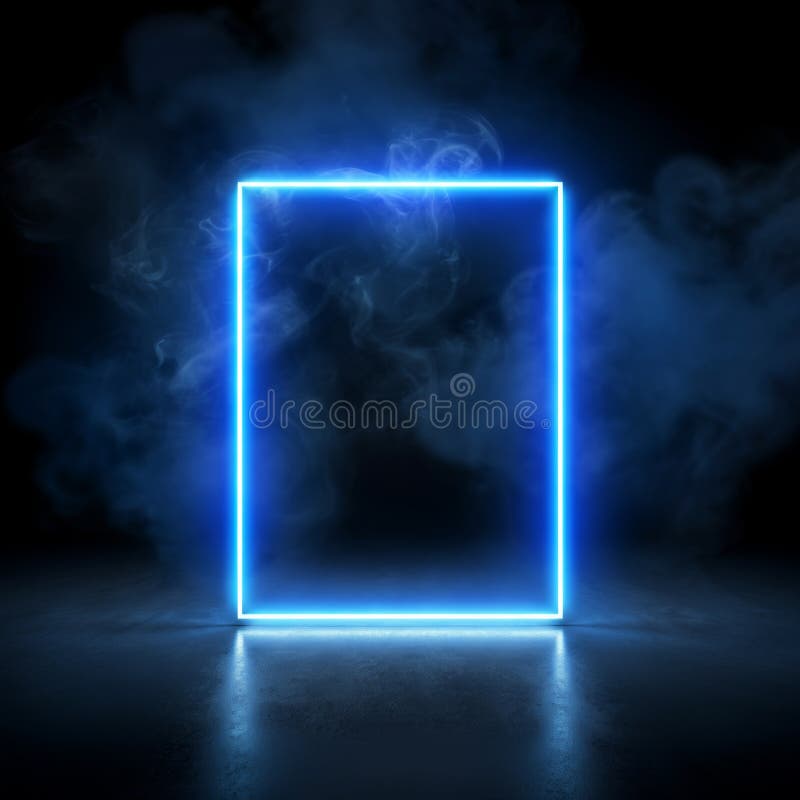 Glowing Blue Neon Rectangle Frame with Mysterious Smoke on Dark ...