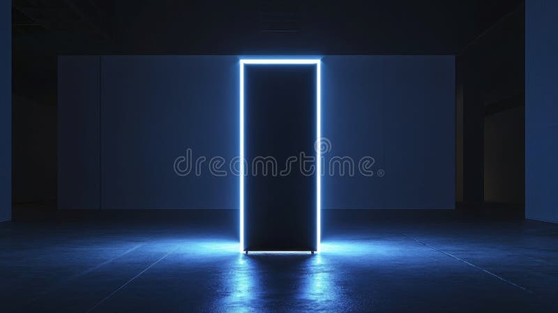 Dark Room with Glowing Blue Neon Frame and Monolith Stock Illustration ...