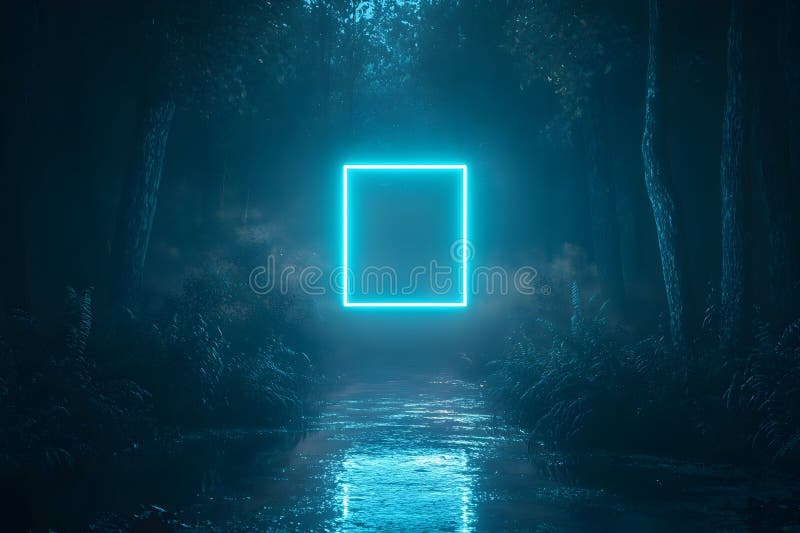 Glowing Blue Neon Square Floating in a Dark Mysterious Forest Pathway ...