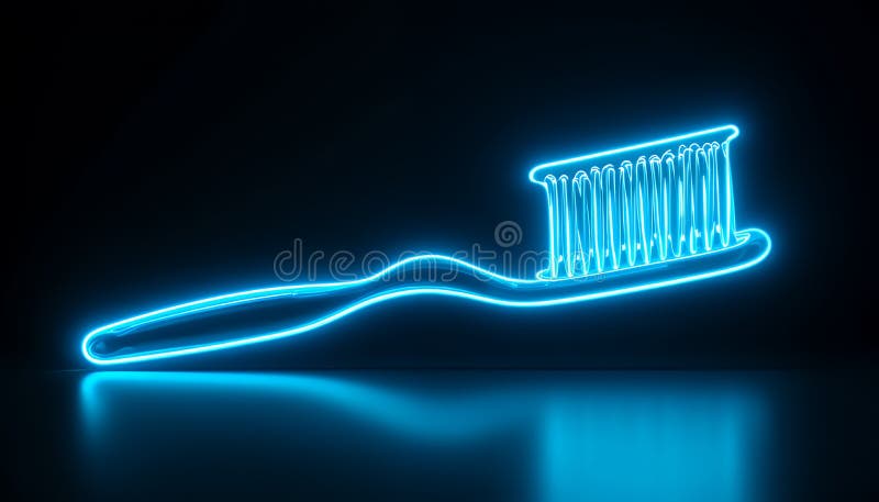 Glowing Blue Neon Toothbrush on Dark Reflective Background Stock ...