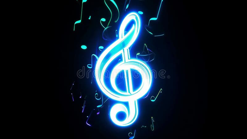 A Glowing Blue Neon Treble Clef Surrounded by Floating Musical Notes on ...