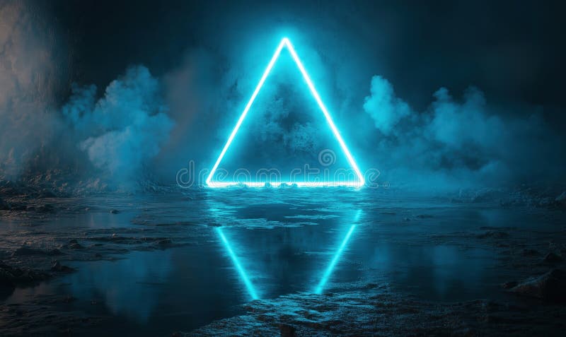 Glowing Blue Neon Triangle Dark Misty Landscape Reflective Water ...