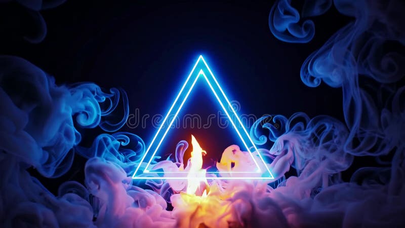 Glowing Blue Neon Triangle with Vibrant Fire and Misty Smoke on Dark ...