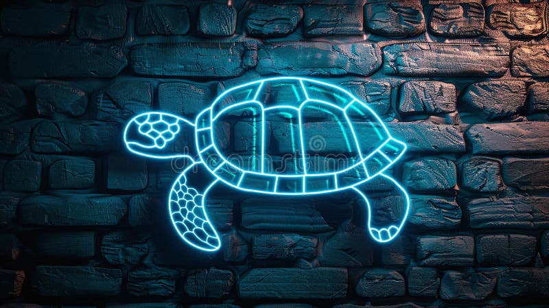 Glowing Blue Neon Turtle Light on Textured Brick Wall Background Stock ...