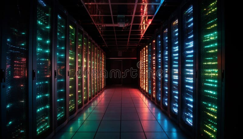 Glowing Blue Network Server in a Futuristic Dark Corridor Generated by ...