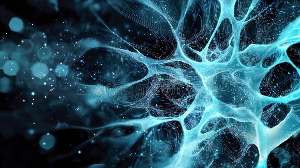 Glowing Blue Neural Network with Interconnected Fibers and Abstract ...