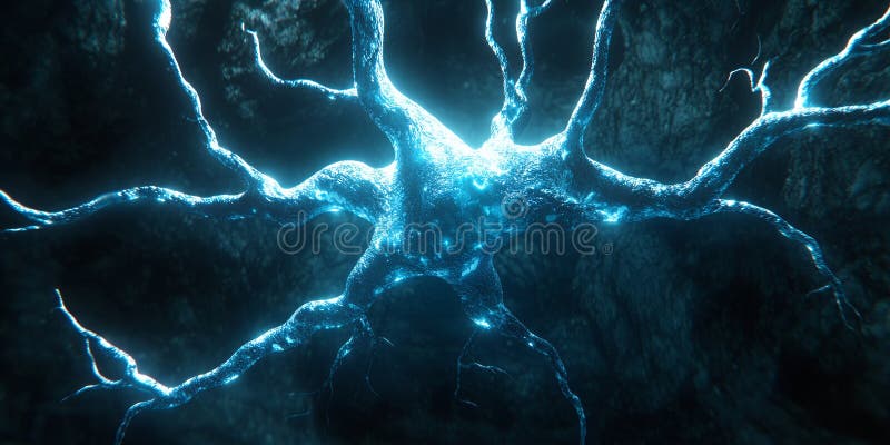A Glowing Blue Neuron with Branches Reaching Out Stock Illustration ...