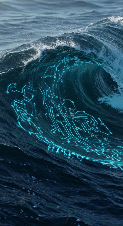 Glowing Blue Ocean Wave at Night Stock Illustration - Illustration of ...