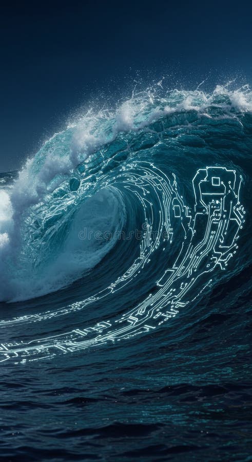 Glowing Blue Ocean Wave at Night Digital Art Stock Illustration ...