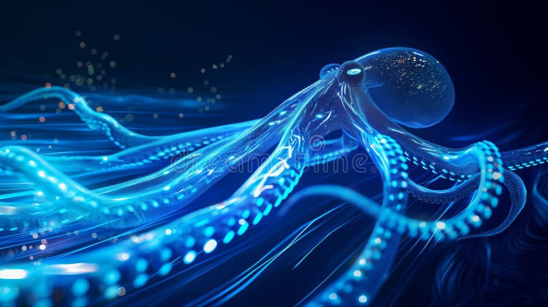 Glowing Blue Octopus in a Digital Ocean Stock Image - Image of scifi ...