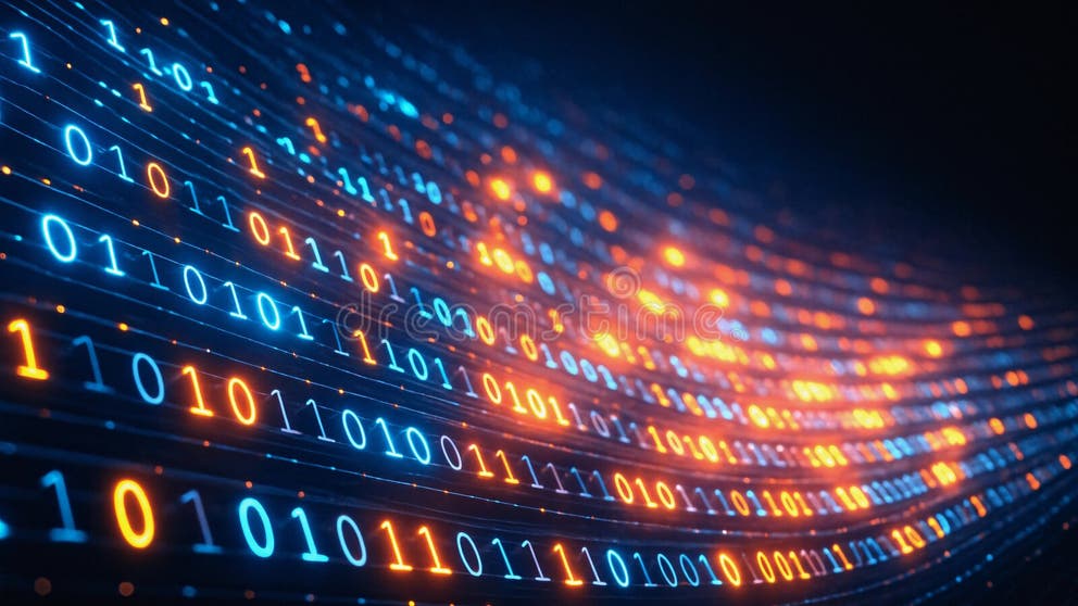 Glowing Blue and Orange Binary Code Streams are Flowing on a Dark Background, Creating a ...