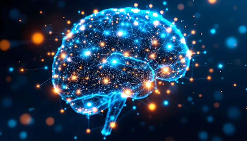 A Glowing Blue and Orange Brain-shaped Structure with a Network of ...