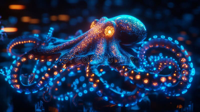 Glowing Blue and Orange Octopus Digital Art Stock Illustration ...