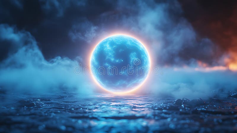 A Glowing Blue Orb Emerges from a Cloudy Sky, Reflecting on a Rippling ...