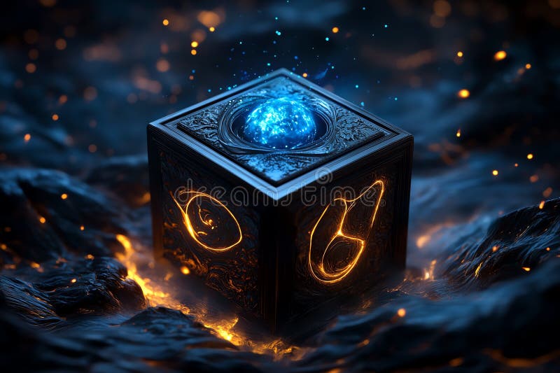 A Glowing Blue Orb Encased in a Mystical, Ornate Cube on a Fiery ...