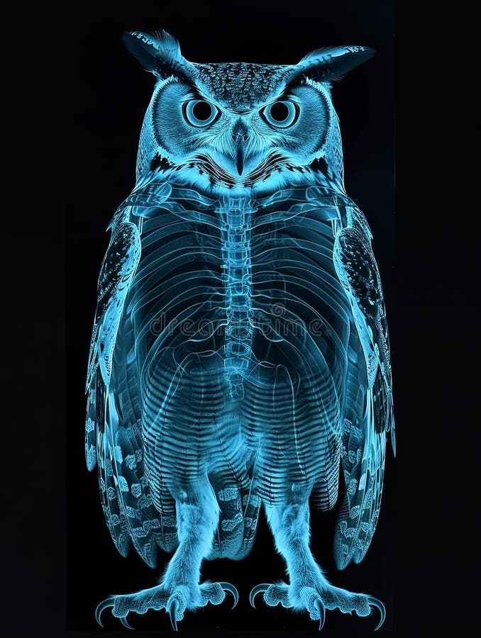A Glowing Blue Owl in a Dark Setting, Showing Its Skeletal Structure ...
