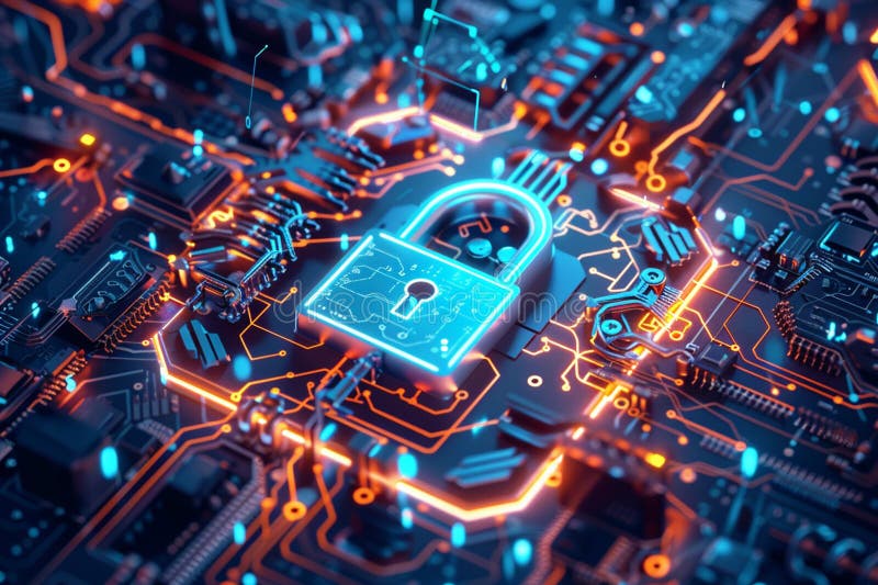 Glowing Blue Padlock on Detailed Computer Circuit Board, Tech Closeup ...