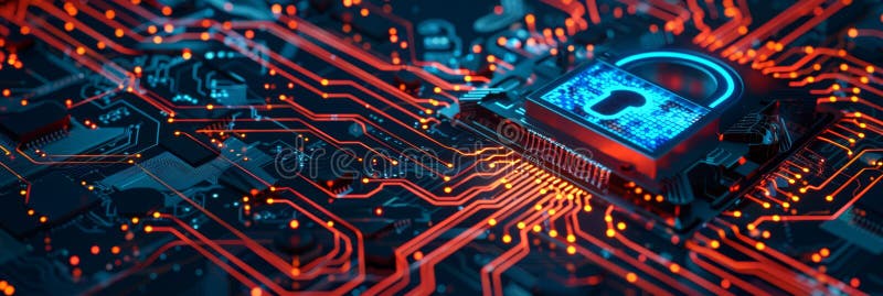 A Glowing Blue Padlock Symbol Sits Atop a Complex Circuit Board ...