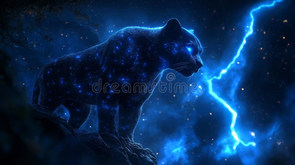 Glowing Blue Panther with Lightning Storm Stock Illustration ...