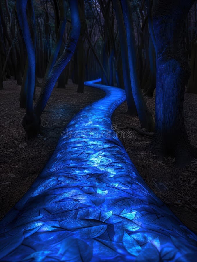 Glowing Blue Path through Dark Forest Stock Illustration - Illustration ...