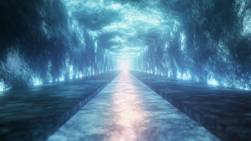 Glowing Blue Path Leading To a Bright Light at the End of a Tunnel ...