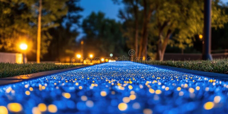 Glowing Blue Pathway Illuminated Night Warm Street Lights Park Stock ...