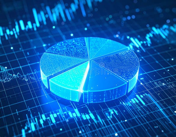 Glowing Blue Pie Chart on Grid with Business Graph Background Financial ...