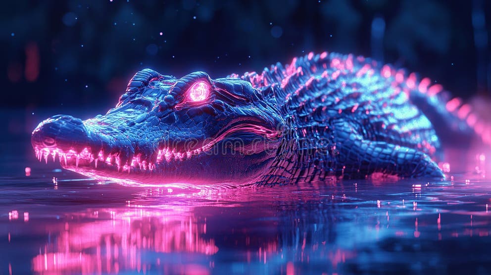 Glowing Blue and Pink Alligator in Dark Water Stock Illustration ...