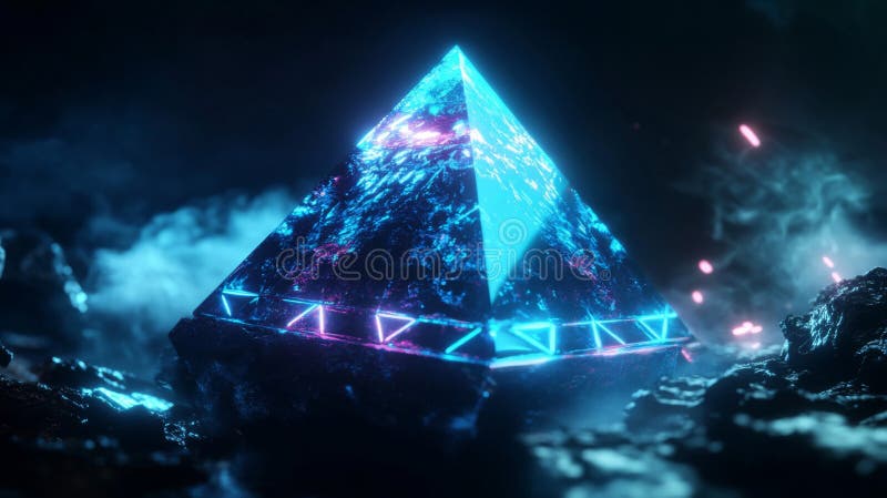 Glowing Blue and Pink Pyramid in a Smoky, Dark Environment Stock ...