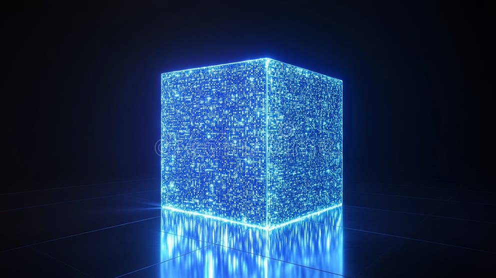 A Glowing Blue Pixel Cube in a Dark, Immersive Environment, Offering a Captivating Visual Stock ...