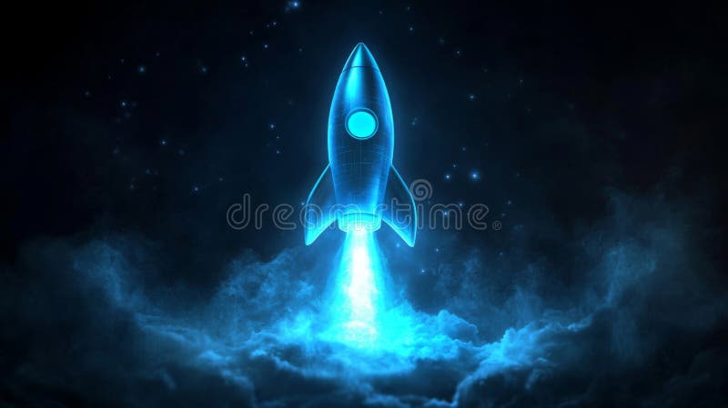 Glowing Blue Pixel Rocket Launching into Dark Night Sky Stock ...