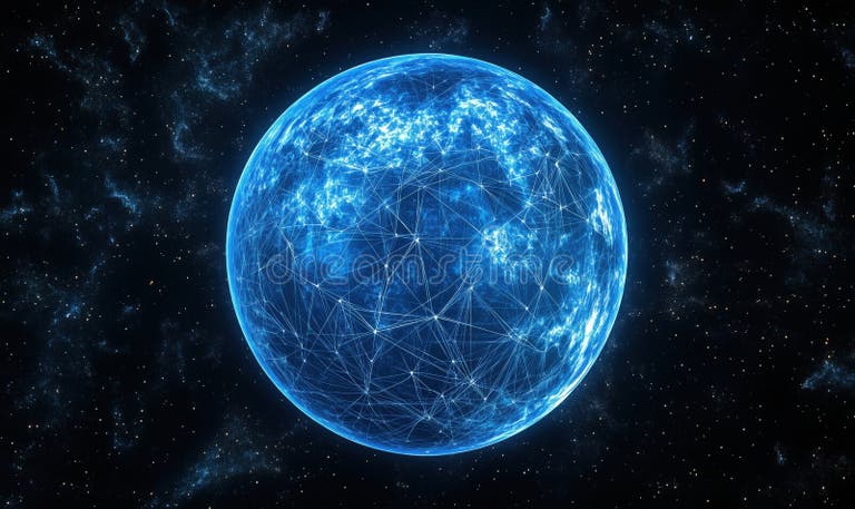 Glowing Blue Planet with Network Connections in Cosmic Space Background ...