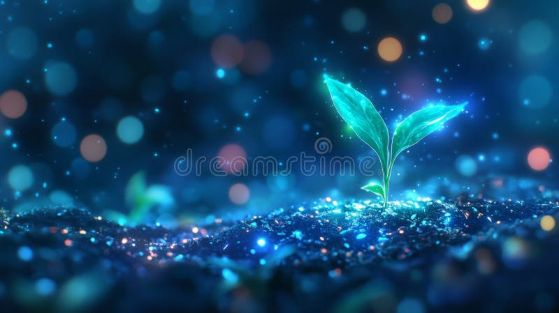 Glowing Blue Plant Sprout Emerging from Dark Soil Stock Illustration ...